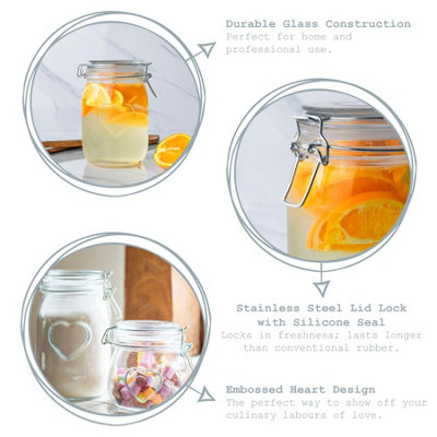 Nicola Spring Heart Glass Storage Jars - 1.5 Litre - White Seal - Pack of 6