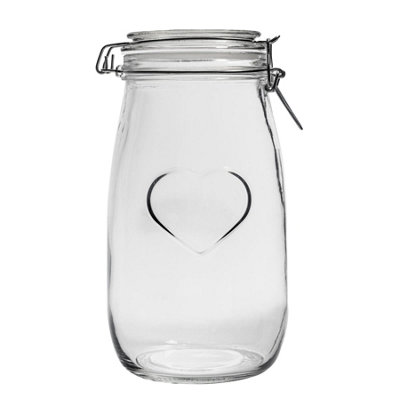 Nicola Spring Heart Glass Storage Jars - 1.5 Litre - White Seal - Pack of 6