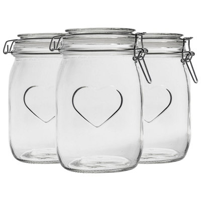 Nicola Spring Heart Glass Storage Jars - 1 Litre - Clear Seal - Pack of 3