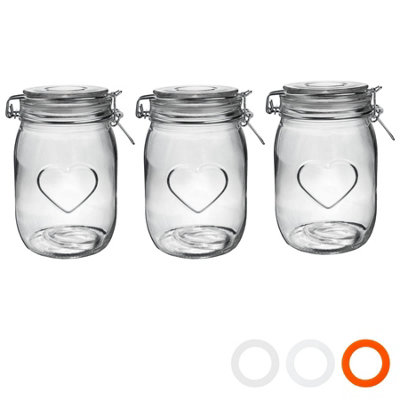 Nicola Spring Heart Glass Storage Jars - 1 Litre - Clear Seal - Pack of 3
