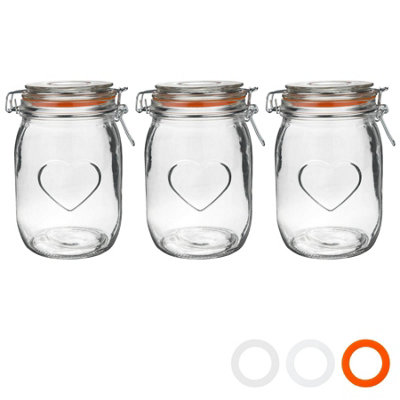 Nicola Spring Heart Glass Storage Jars - 1 Litre - Orange Seal - Pack of 3