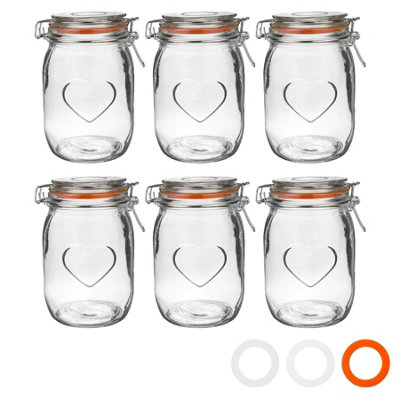 Nicola Spring Heart Glass Storage Jars - 1 Litre - Orange Seal - Pack of 6