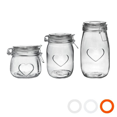 Nicola Spring - Heart Glass Storage Jars - 3 Sizes - Clear Seal - Pack ...