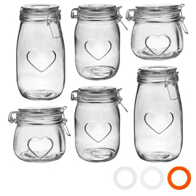 Nicola Spring Heart Glass Storage Jars - 3 Sizes - Clear Seal - Pack of 6