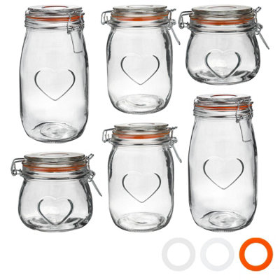 Nicola Spring Heart Glass Storage Jars - 3 Sizes - Orange Seal - Pack of 6