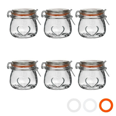 Nicola Spring Heart Glass Storage Jars - 500ml - Orange Seal - Pack of 6