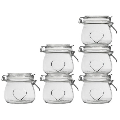 Nicola Spring Heart Glass Storage Jars - 500ml - White Seal - Pack of 6