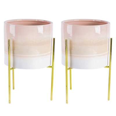 Nicola Spring - Reactive Glaze Plant Pots on Stands - 19cm - Natural ...