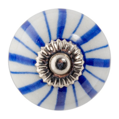 Nicola Spring Round Ceramic Cabinet Knob - Navy Lines