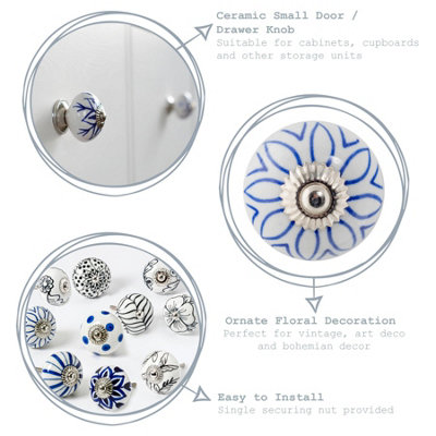 Nicola Spring Round Ceramic Cabinet Knob - Navy Lines