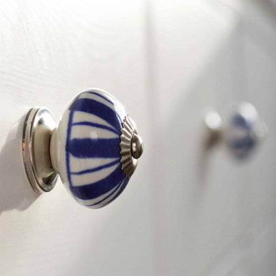 Nicola Spring Round Ceramic Cabinet Knob - Navy Lines