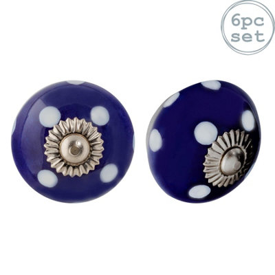 Nicola Spring - Round Ceramic Cabinet Knobs - Navy & Blue Spot - Pack of 6 | DIY at B&Q