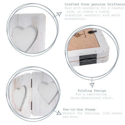 Nicola Spring Rustic Hearts Folding 2 Photo Frame - 4 x 6" - White