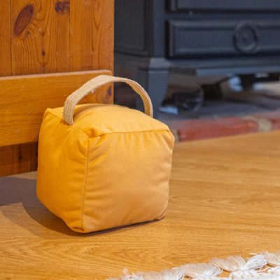 Nicola Spring Velvet Cube Door Stop - 14cm x 14cm x 14cm - Yellow