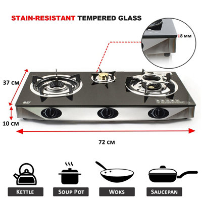 NJ NGB-S3 Portable 3 Burner Gas Hob Black Glass Indoor Caravan Gas ...