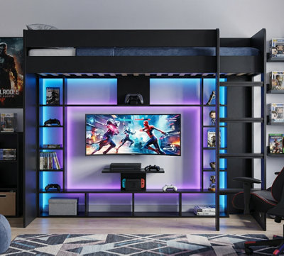 Noa & Nani High Sleeper Cabin Bed Gaming Den with Storage in Black Leo