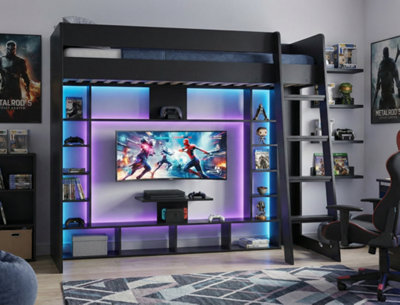 Noa & Nani High Sleeper Cabin Bed Gaming Den with Storage in Black Leo