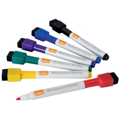 Nobo Mini Whiteboard Pen With Magnetic Eraser Cap - 6 Pack in Assorted ...