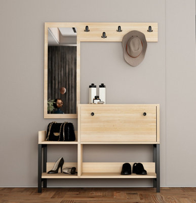 Nonso Hall Tree Coat Stand with 5 Hook Rack Mirror and Shoe Cabinet 120 x 35 x 170 cm Oak