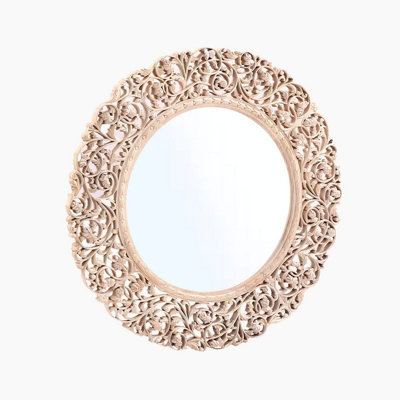Noor Carved Wood Round Mirror - Mango Wood - L120 x W120 x H5 cm - Natural