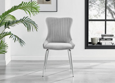 Nora Deep Padded Luxurious Dining Chairs Upholstered In Soft Light Grey Velvet With Chrome Legs Set