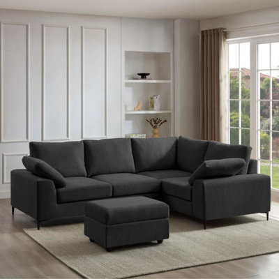 NORA RIGHT-HAND FACING CORNER SOFA WITH STORAGE FOOTSTOOL, CHARCOAL LINEN