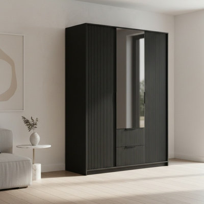 NOREL 150cm Modern Hinged Wardrobe Black Bedroom Storage with Mirror ...
