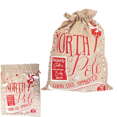 North Pole Hessian Christmas Sack Sturdy, Festive Bag for Large Gifts