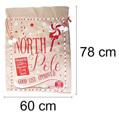 North Pole Hessian Christmas Sack Sturdy, Festive Bag for Large Gifts
