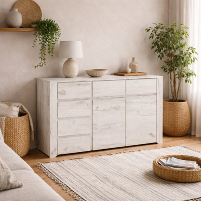Norwich Aged-Effect Soft Grey Wood Veneer 2-Door 6-Drawer Wide Chest