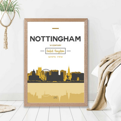 Nottingham Yellow and Black City Skyline Framed Print SIZE: A2 with Oak ...