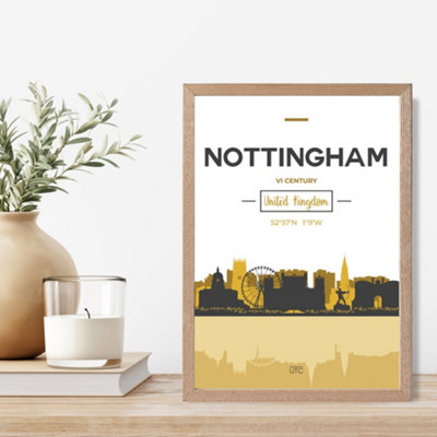 Nottingham Yellow and Black City Skyline Framed Print SIZE: A4 with Oak ...