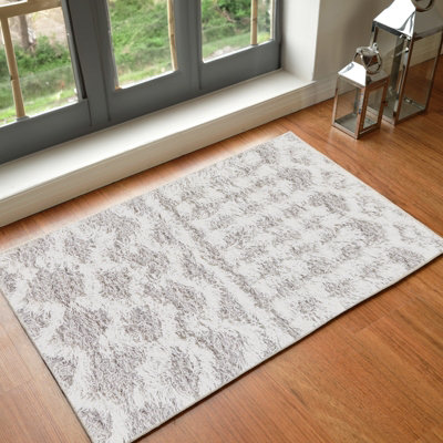 NOUR Shaggy Geometric Plush Pile Light Grey Area Rug 60 x 90 cm
