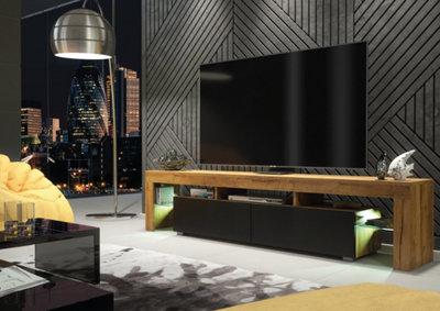 Nova TV Unit 200cm Dark Oak and Black Matt Doors with LED Lighting ...