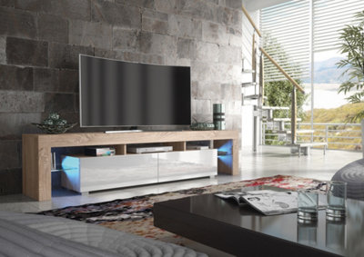 Nova TV Unit 200cm Oak and White High Gloss Doors with LED Lighting ...