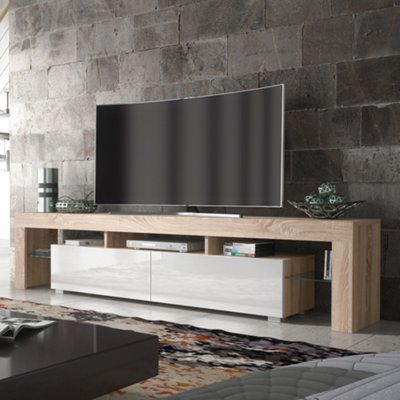 Nova TV Unit 200cm Oak and White High Gloss Doors with LED Lighting ...