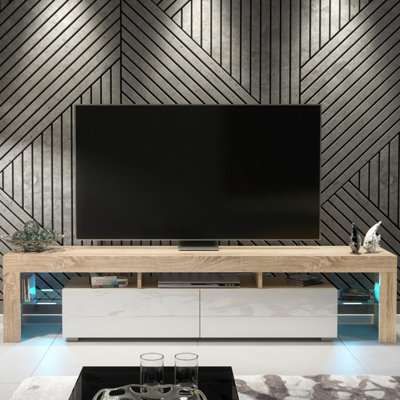Nova TV Unit 200cm - Oak & White Gloss Doors and LED Lights