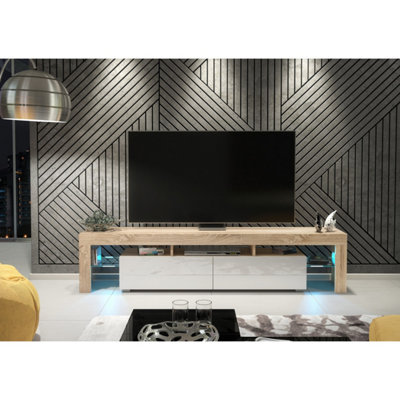 Nova TV Unit 200cm - Oak & White Gloss Doors and LED Lights
