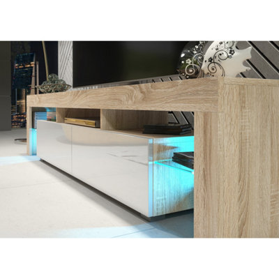 Nova TV Unit 200cm - Oak & White Gloss Doors and LED Lights