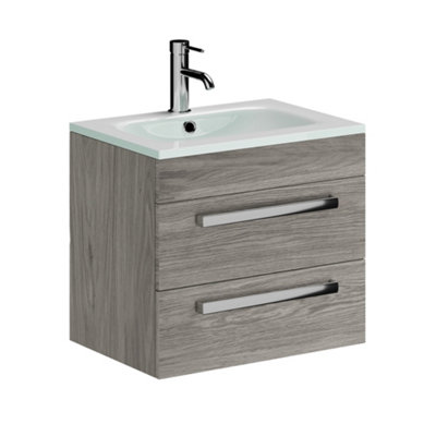 Novela 600mm Grey Wood Effect Wall Hung Vanity Unit with Glass Basin