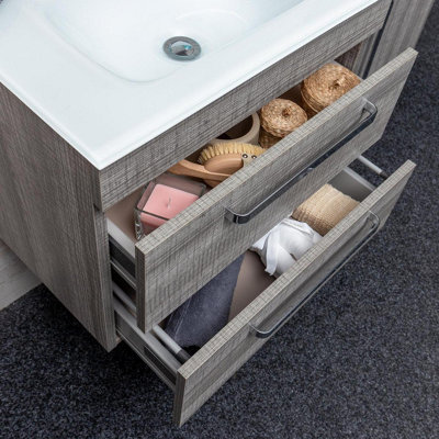 Novela 600mm Grey Wood Effect Wall Hung Vanity Unit with Glass Basin