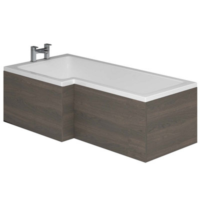 Novela Left Hand L-Shape Shower Bath - 1700x820mm with Dark Wood Panel ...