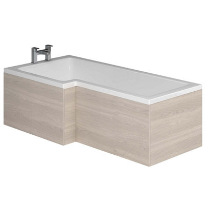Novela Left Hand L-Shape Shower Bath - 1700x820mm with Light Wood Panel ...