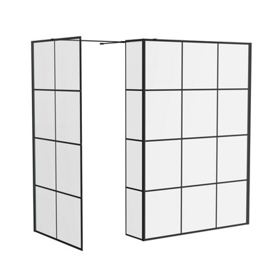 NRG Black Grid Walk In Shower Enclosure Wet Room Glass Screen 1100mm & 700mm with 215mm Return Panel