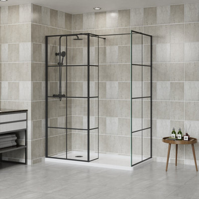 NRG Black Grid Walk In Shower Enclosure Wet Room Glass Screen 760mm & 760mm with 215mm Return ...