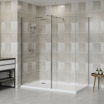 NRG Chrome Walk In Shower Enclosure Wet Room Glass Screen 900mm & 800mm with 215mm Return Panel ...
