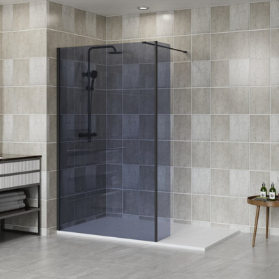 NRG Matte Black Walk In Shower Enclosure Wet Room 1400mm Grey Glass Screen with 215mm Return Panel