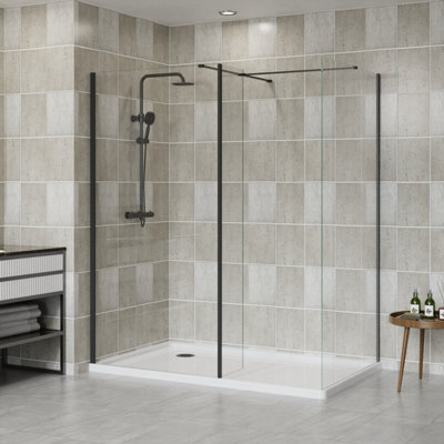 NRG Matte Black Walk In Shower Enclosure Wet Room Glass Screen 900mm & 900mm with 300mm Return ...