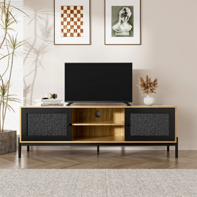 Oak and Rattan Effect TV Stand Unit Cabinet with Double Doors