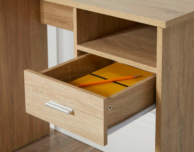 Oak Effect Office Computer Desk with One Open Side Shelf and One Drawer